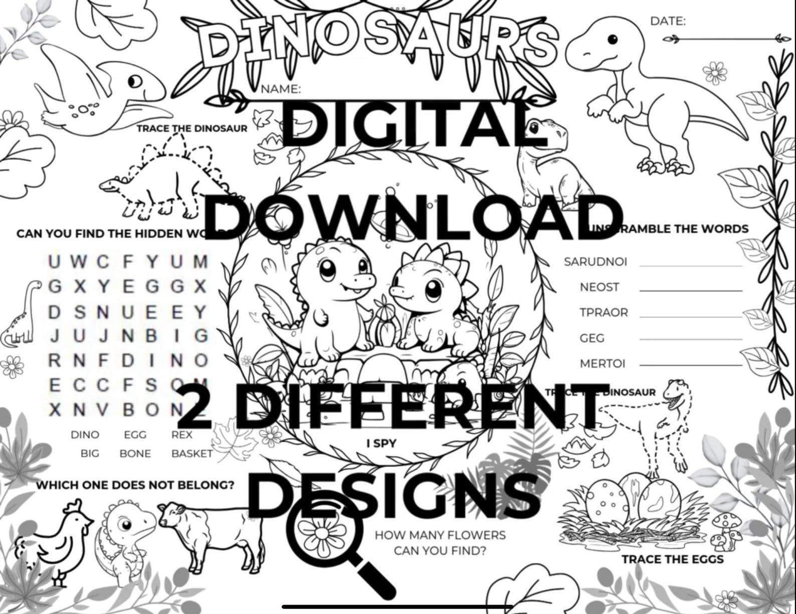 Dinosaur Coloring Placemat Activity Page, 2 Different Placemats ...