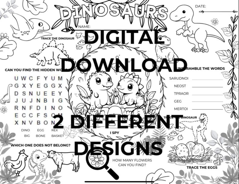 Dinosaur Coloring Placemat Activity Page, 2 Different Placemats ...