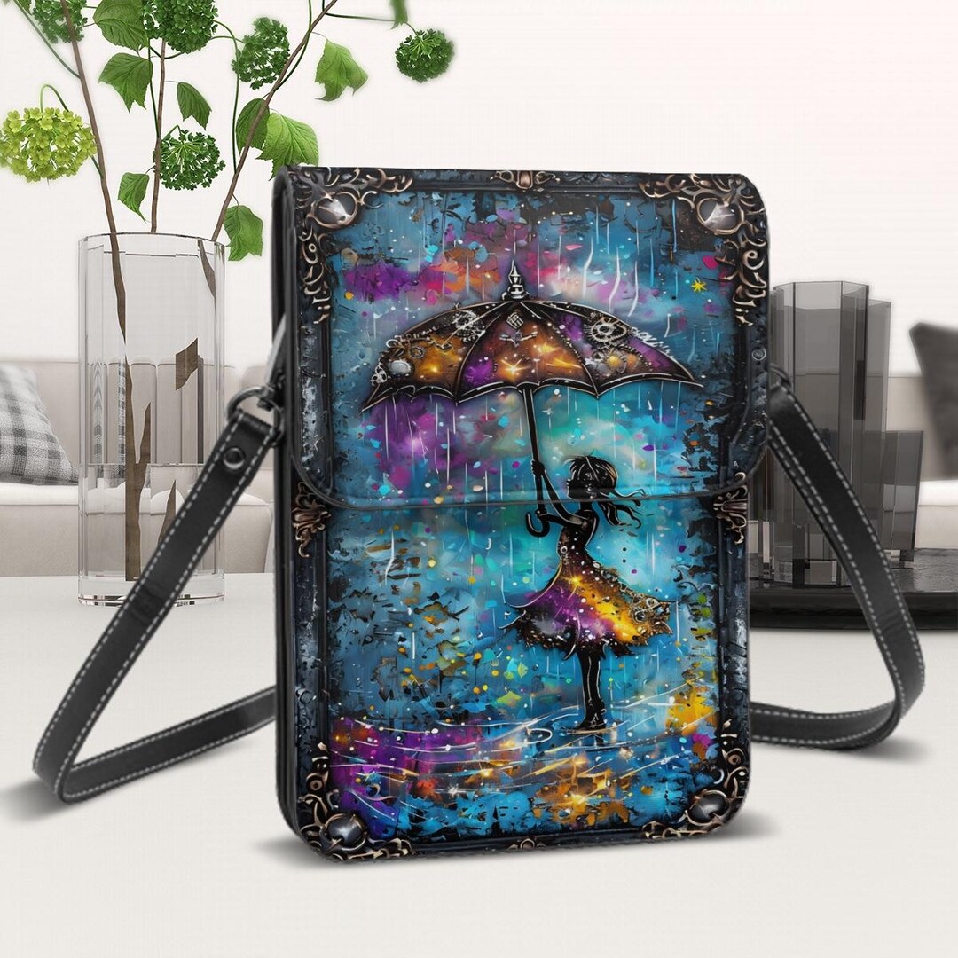 Steampunk Vibrant Girl in the Rain, Leather Cell Phone Purse With ...
