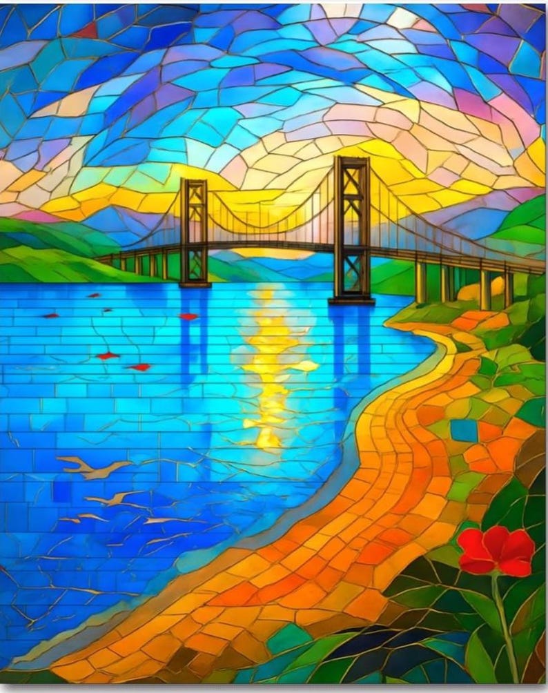 Bridge Sunset Stained Glass Art, Framed or Frameless, Paint by Numbers ...