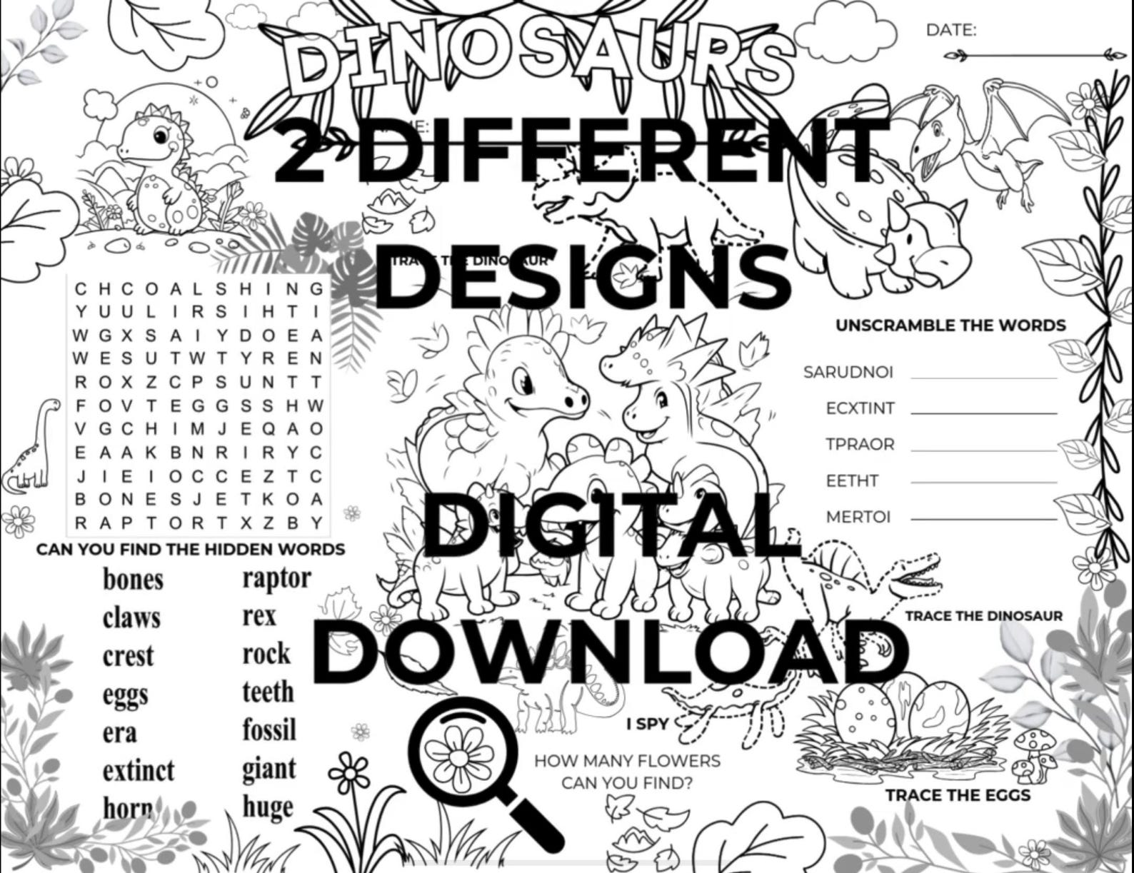 Dinosaur Coloring Placemat Activity Page, 2 Different Placemats ...