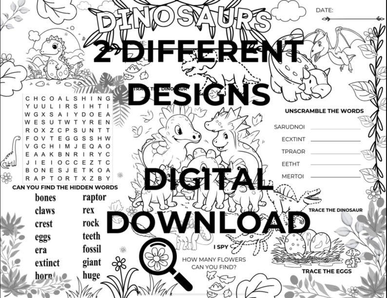 Dinosaur Coloring Placemat Activity Page, 2 Different Placemats ...