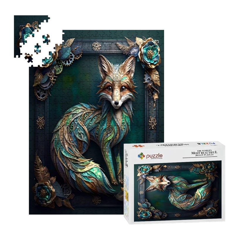 Steampunk Fox Wooden Jigsaw Puzzle | 500 or 1000 Piece Oak Wood Puzzle ...