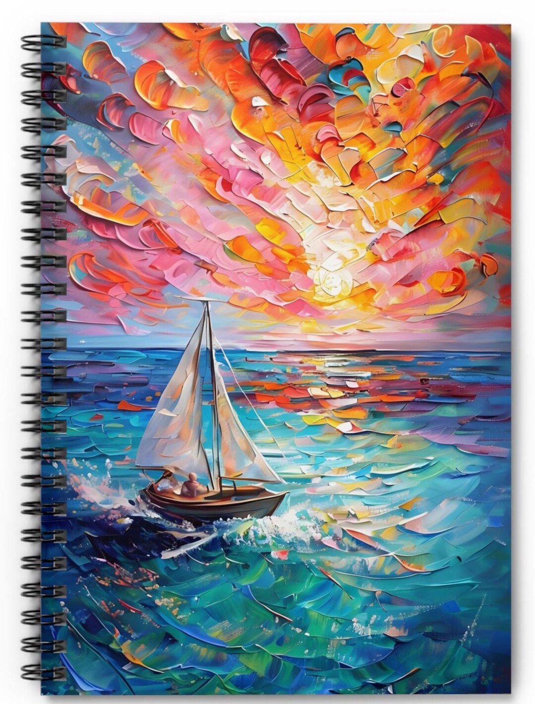 Spiral Notebook - Boat in the Sea With Colorful Horizon, Chunky Oil ...