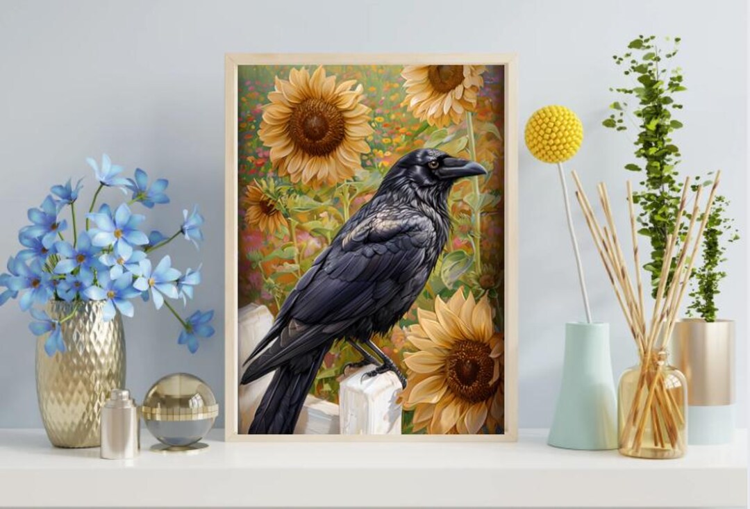 Raven and Sunflower Fine Art Poster, Nature Wall Art, Bird Decor, Gift ...