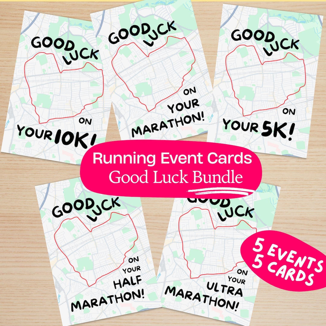 Set of 5 Printable Good Luck Running Cards, Strava Map Heart Route Art ...