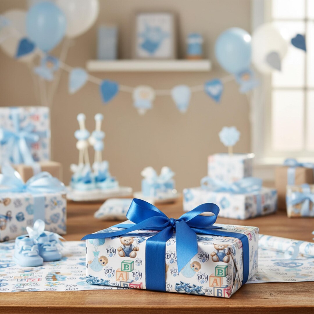 Blue Baby Boy Gift Wrap, Shower Wrapping Paper, Custom Pattern Design ...