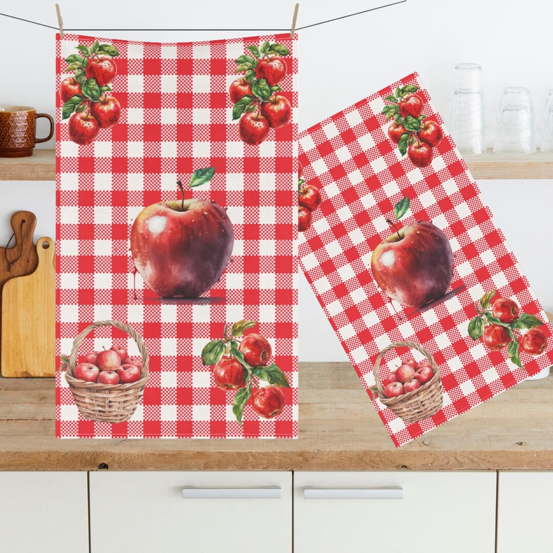 Apple Gingham Kitchen Towel, Red Check Farmhouse Hostess Gift - Etsy