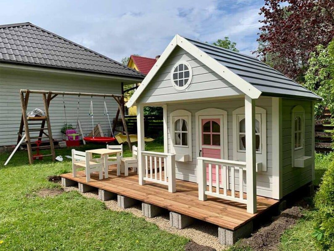 Handcrafted Wooden Playhouse With Porch – Outdoor Kids Cottage With ...