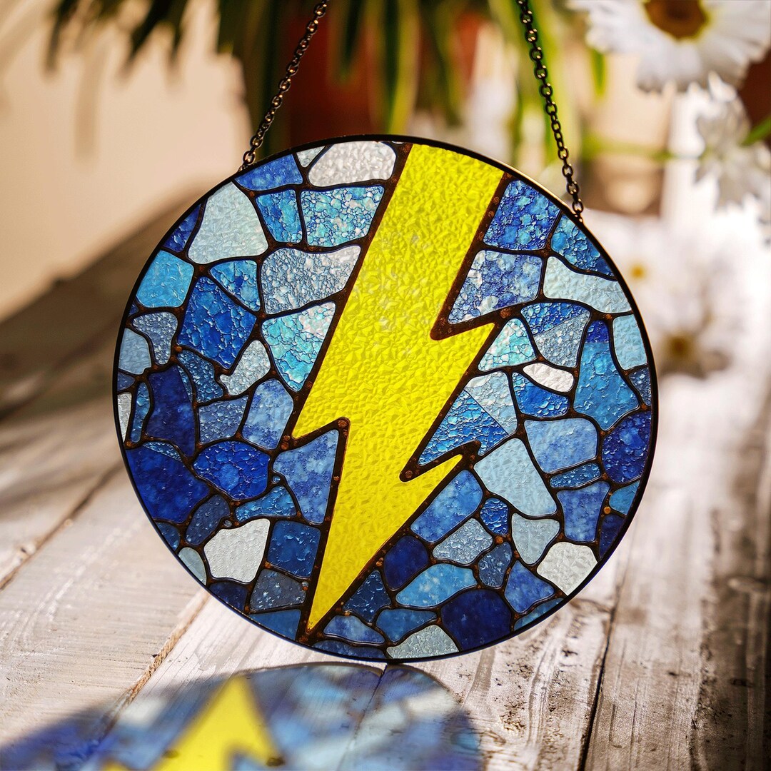 Yellow Lightning Bolt Stained Glass Round Suncatcher With Blue Mosaic ...