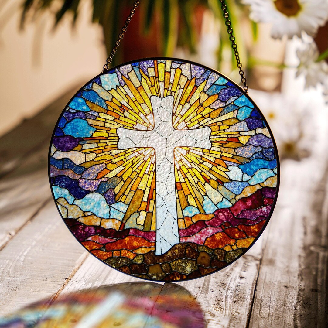 Stained Glass Cross Suncatcher With Bright Colors and Beautiful Design ...