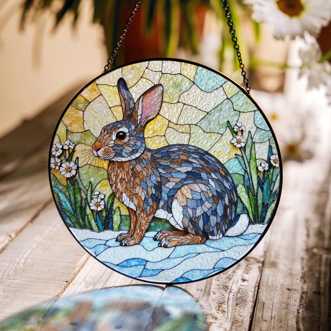 Stained Glass Rabbit Suncatcher With Flowers and Greenery Gift - Etsy