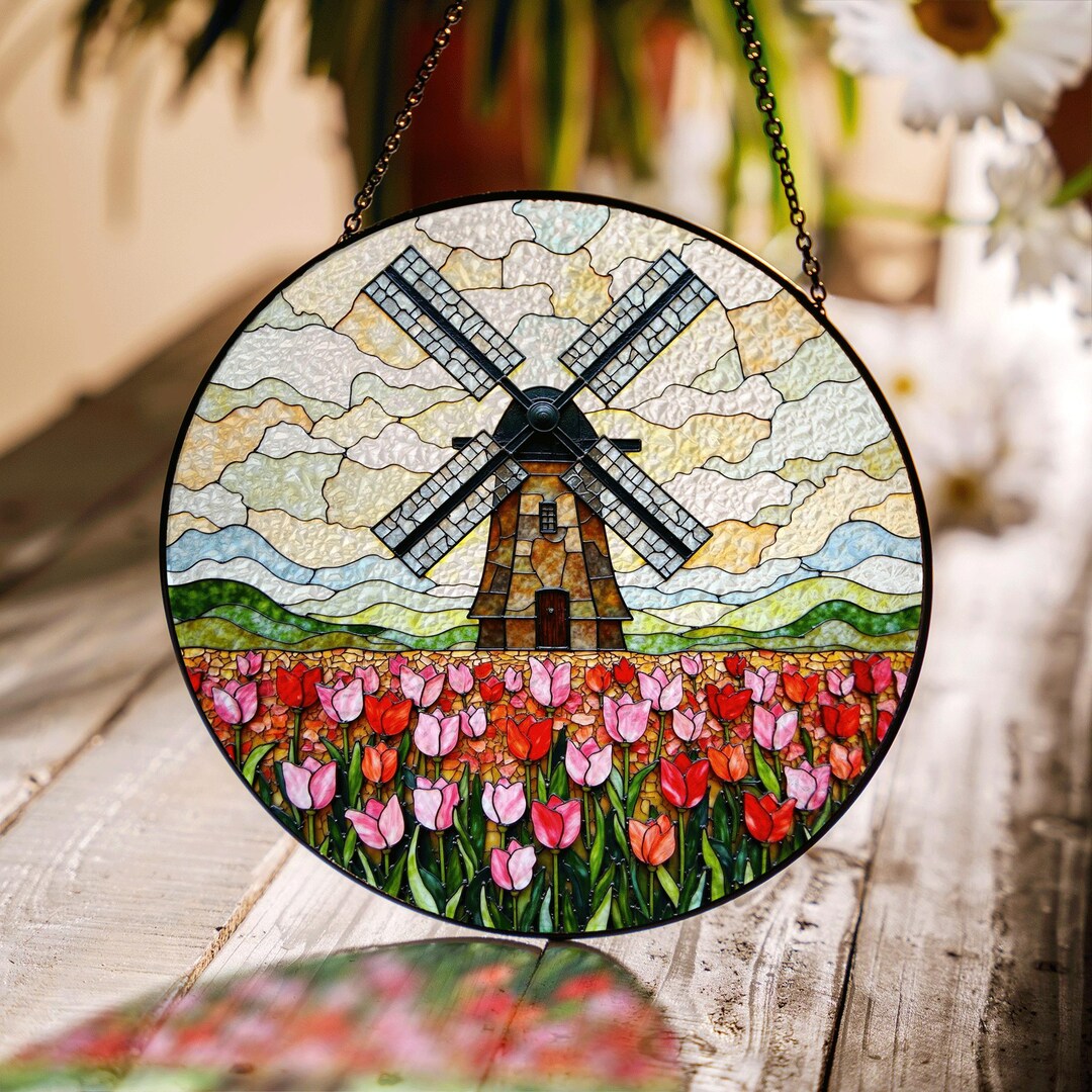 Windmill Over Tulip Field Round Stained Glass Suncatcher Spring Decor ...