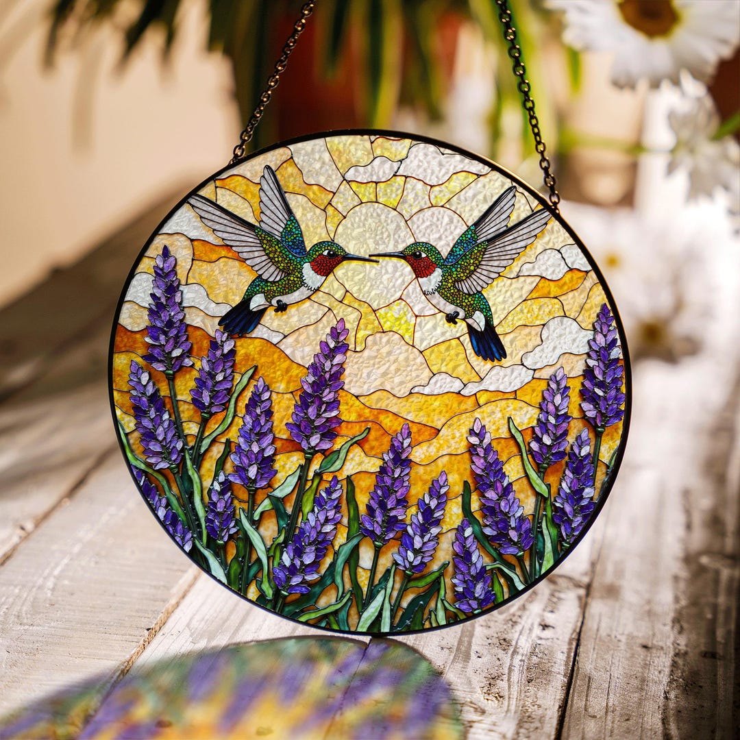 Hummingbird Lavender Suncatcher Round Glass Window Decor Gift for ...
