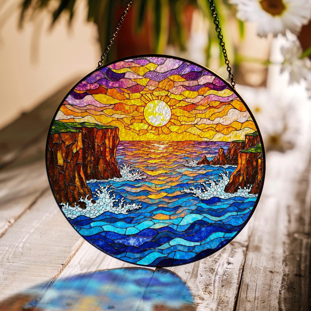 Sunset Ocean Cliffs Stained Glass Suncatcher Coastal Window Decor Gift ...