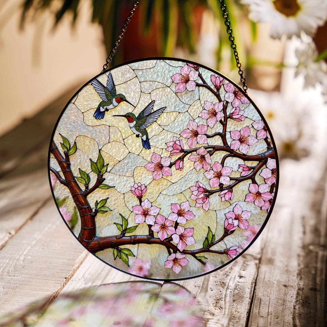 Hummingbirds and Cherry Blossoms Round Suncatcher Stained Glass Gift ...