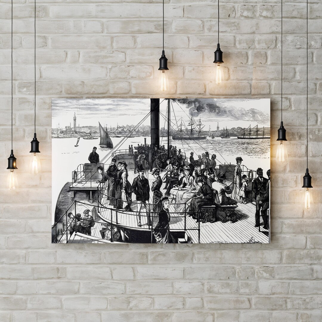 19th Century Engraving of Ferry Crossing the Mersey River in Liverpool ...