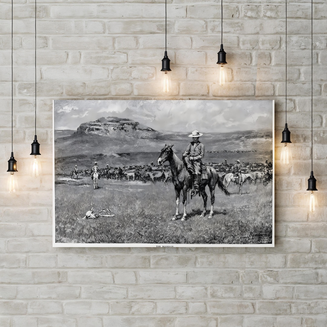 The Round-up 1888 Vintage Western Art Print Cowboy and Horseback Riding Scene Historic American ...