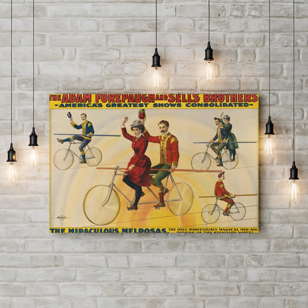Vintage Circus Poster of Bicycle Riders on Tightrope Daring Performance ...