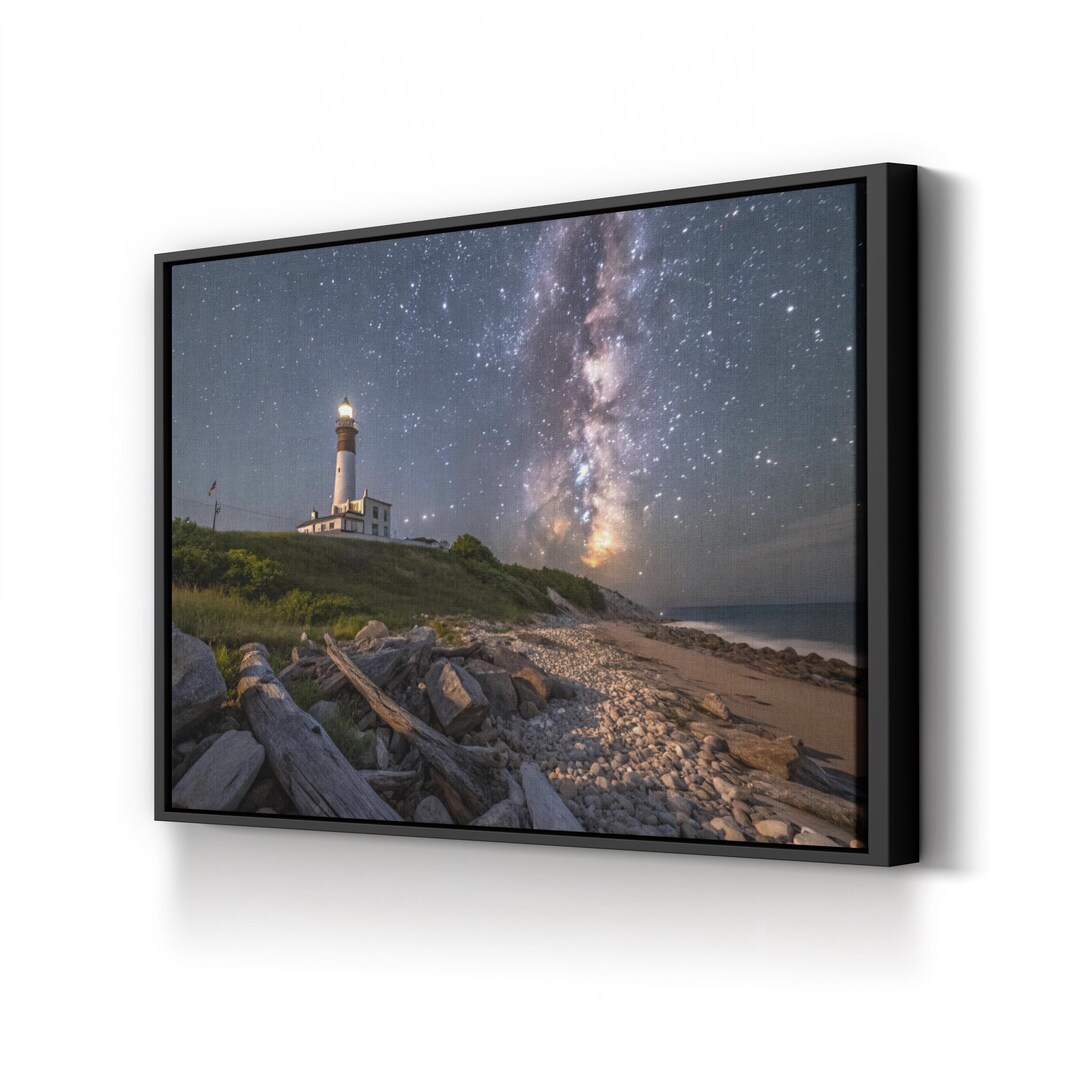 Milky Way Galaxy Over Lighthouse on Rocky Shore Canvas Art Starry Night ...
