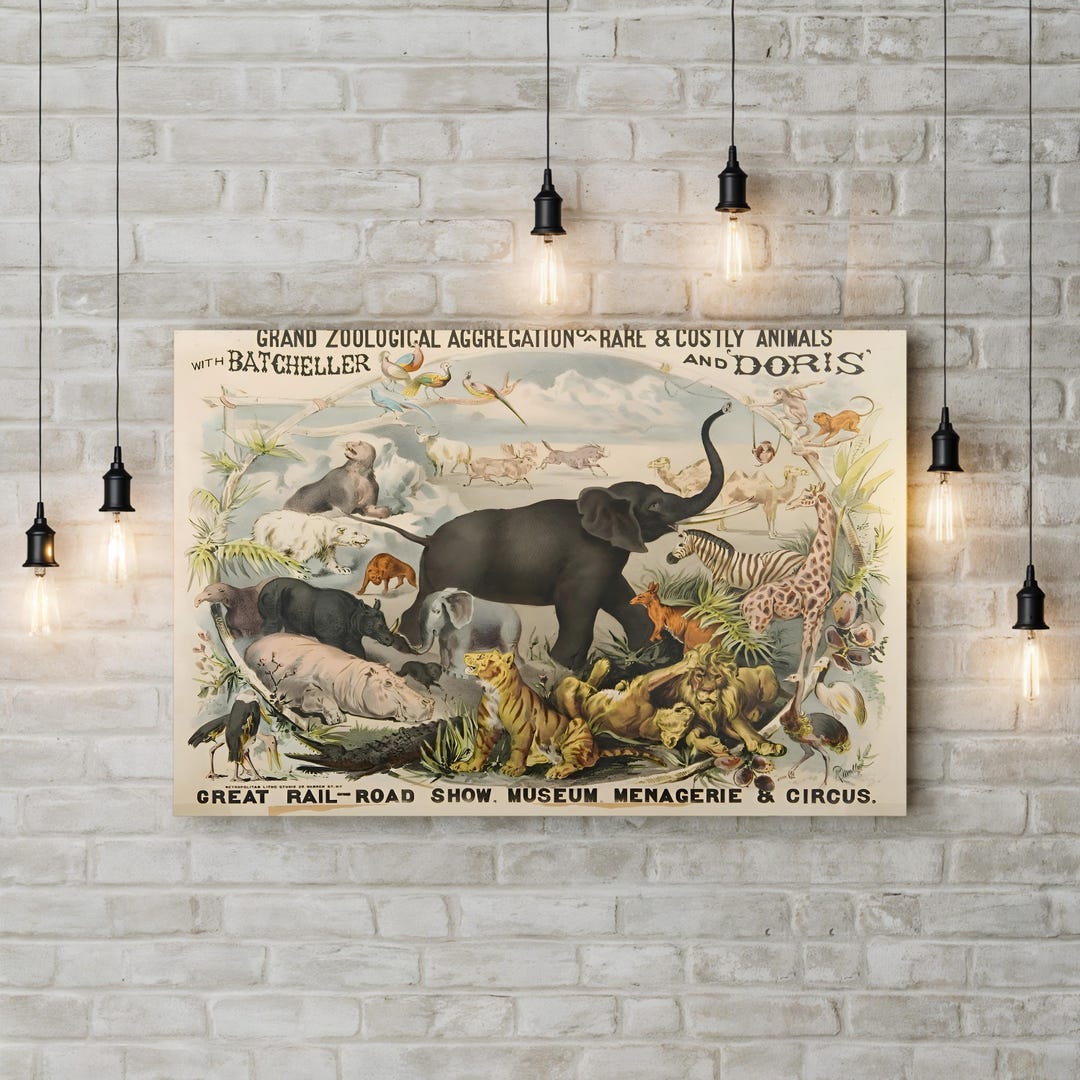 Rare Grand Zoological Aggregation Poster Vintage Circus Animals Print ...