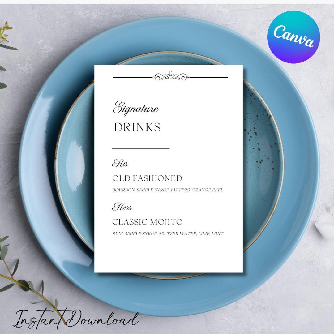 Elegant Signature Drinks Menu Template - His & Hers Wedding Cocktail ...