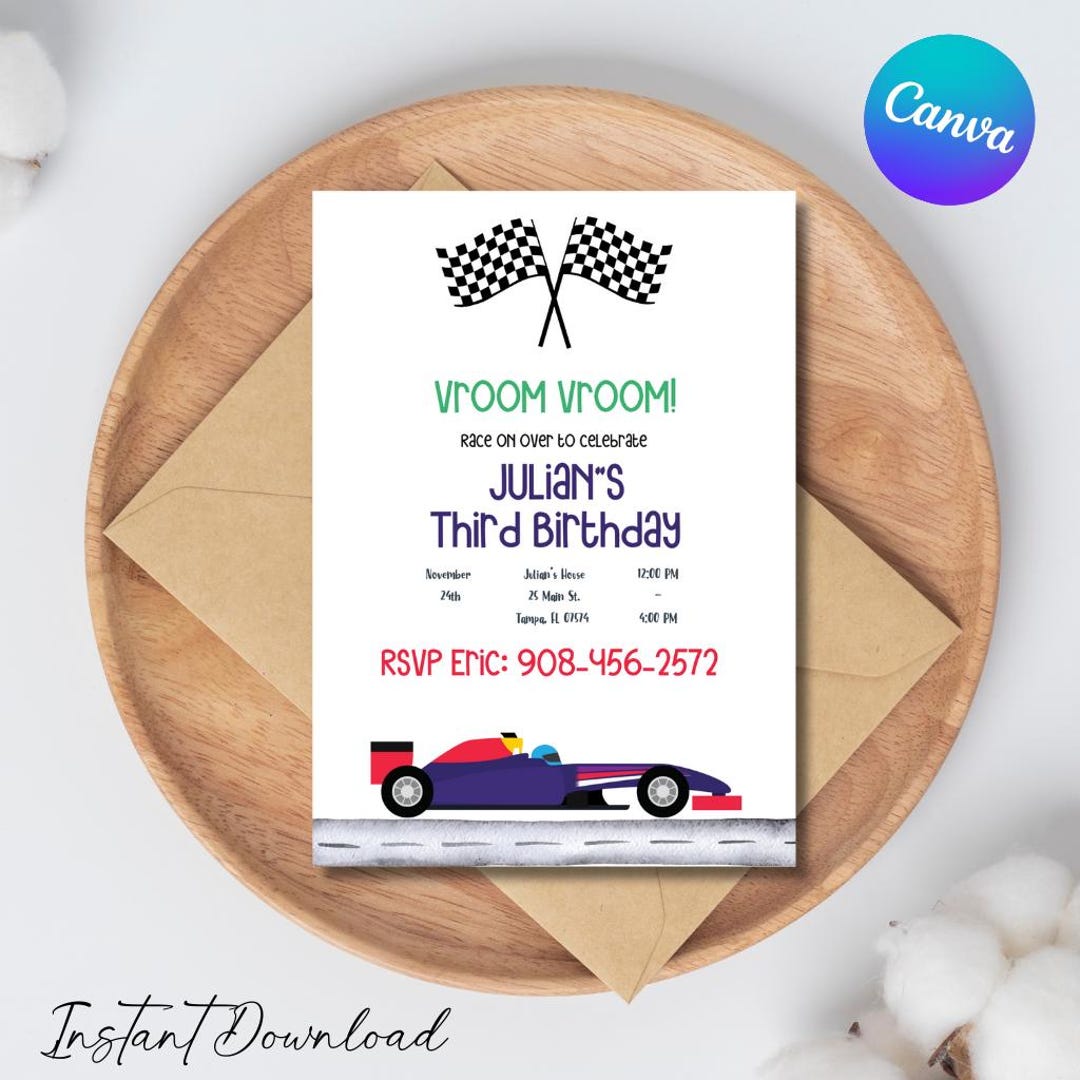 Race Car Birthday Invitation Template - 'vroom Vroom' Editable Kids ...