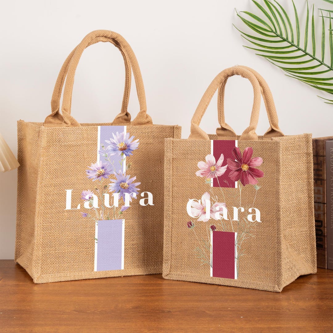Custom Bridesmaid Gift Tote With Name, Birth Flower Beach Wedding Bag ...