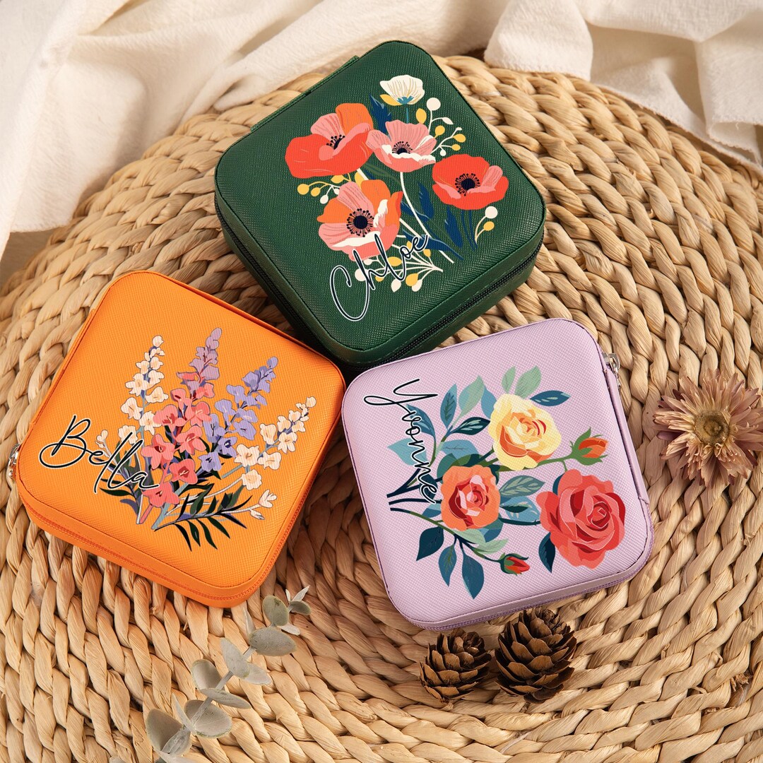 Custom Birth Flower Jewelry Box With Name, Personalized Travel Jewelry ...