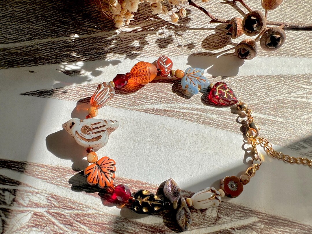 Autumn Forest Bird Charm Bracelet,czech Glass Beaded Nature Jewelry ...