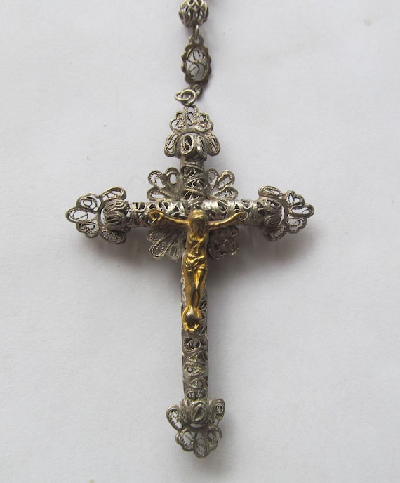 Antique Silver Filigree Rosary Crucifix Religious Nec… - Gem