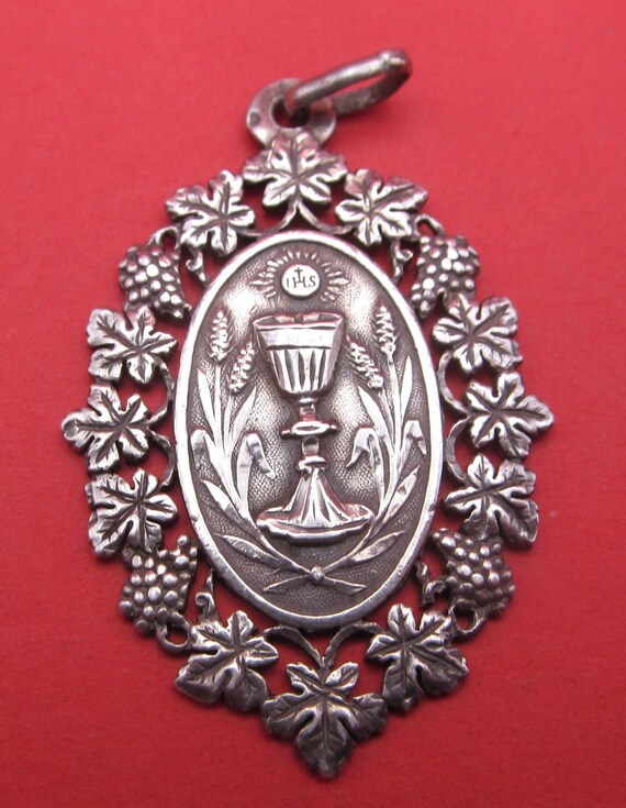 Antique Communion French Silver Religious Medal Grape… - Gem