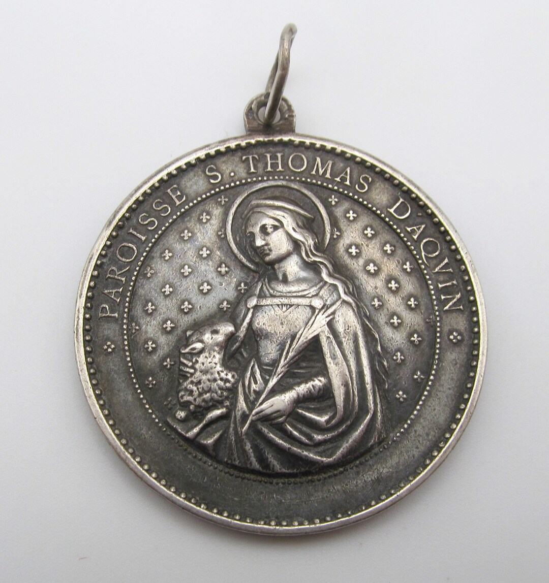 Saint Agnes With A Lamb Silver Religious Medal Antique Virgin Mary ...