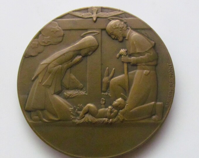 Nativity Jesus Mary Joseph Manger Vintage French Religious Art Medal ...
