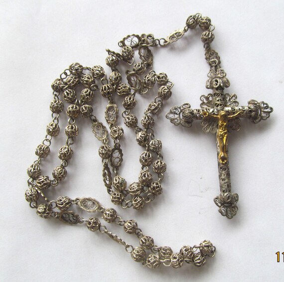 Antique Silver Filigree Rosary Crucifix Religious Nec… - Gem