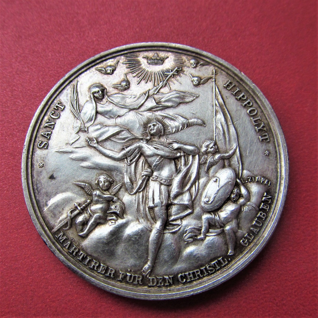 Antique Austrian Silver Religious Medal: Saint Hippolytus, Virgin Mary ...