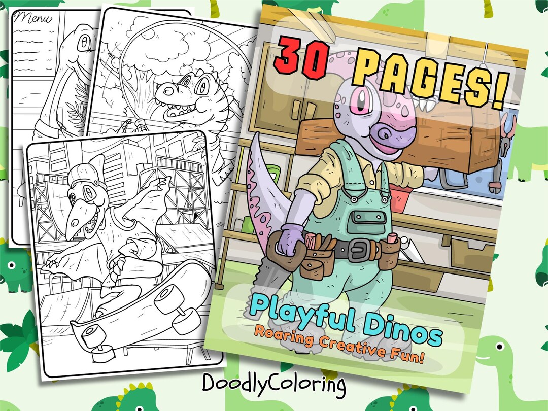 30 Dino Themed Kids Coloring Pages - Cute Dinosaurs at Play, Fun ...