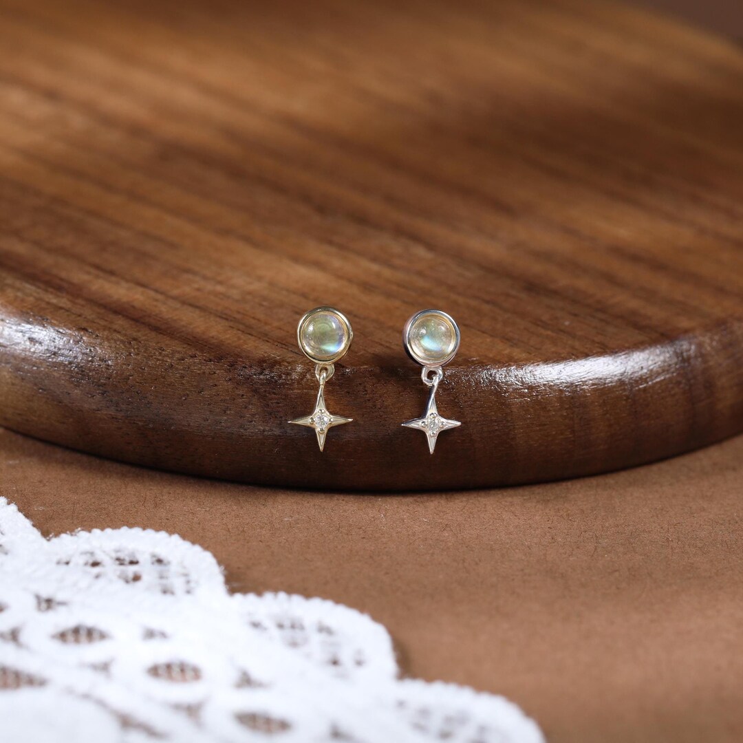 Sterling Silver Rainbow Moonstone With Moissanite Star Shaped Push Pin ...