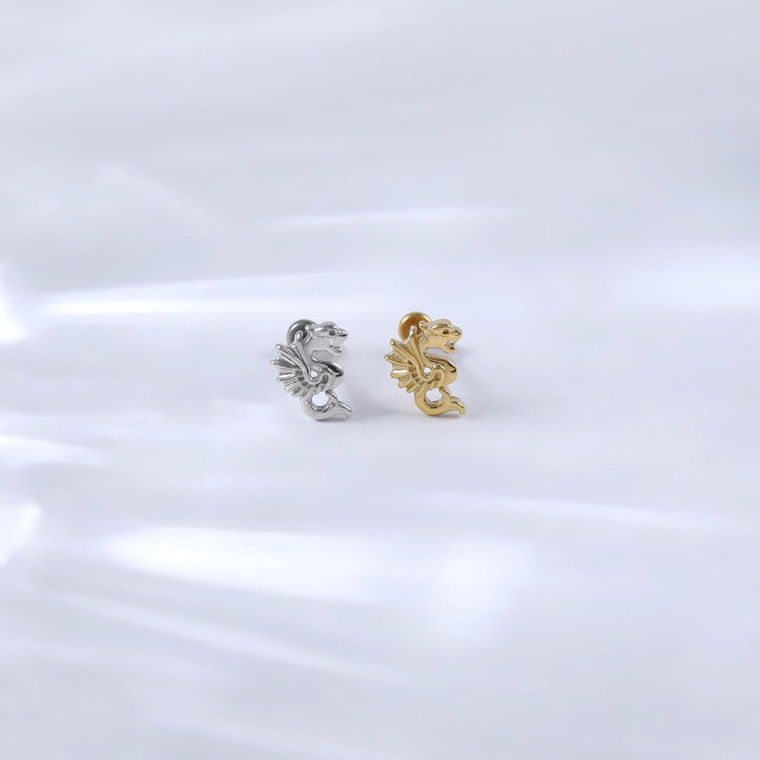 Sterling Silver Tiny Flying Dragon Threadless Push Pin • 925 Silver ...