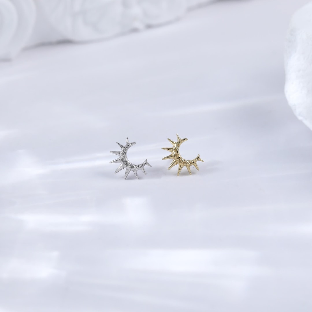 Sterling Silver Crescent Moon Threadless Push Pin • Gold Plated Spike ...