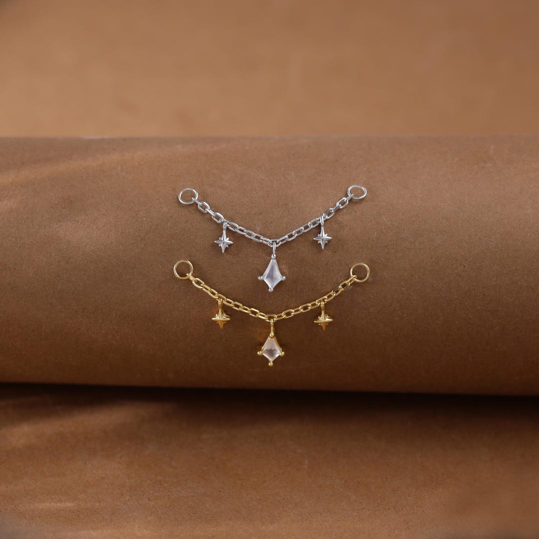 Sterling Silver Dangle Kite Moonstone Chain • 14K Gold Stars Helix ...