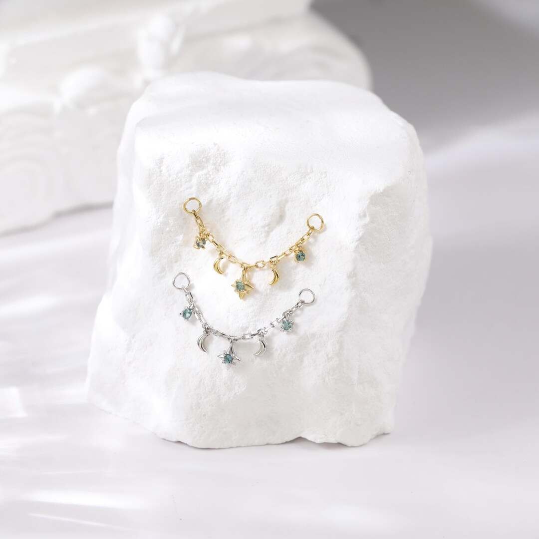 14K Gold Plated Moon & Star Alexandrite Chain • 925 Silver Helix Conch ...