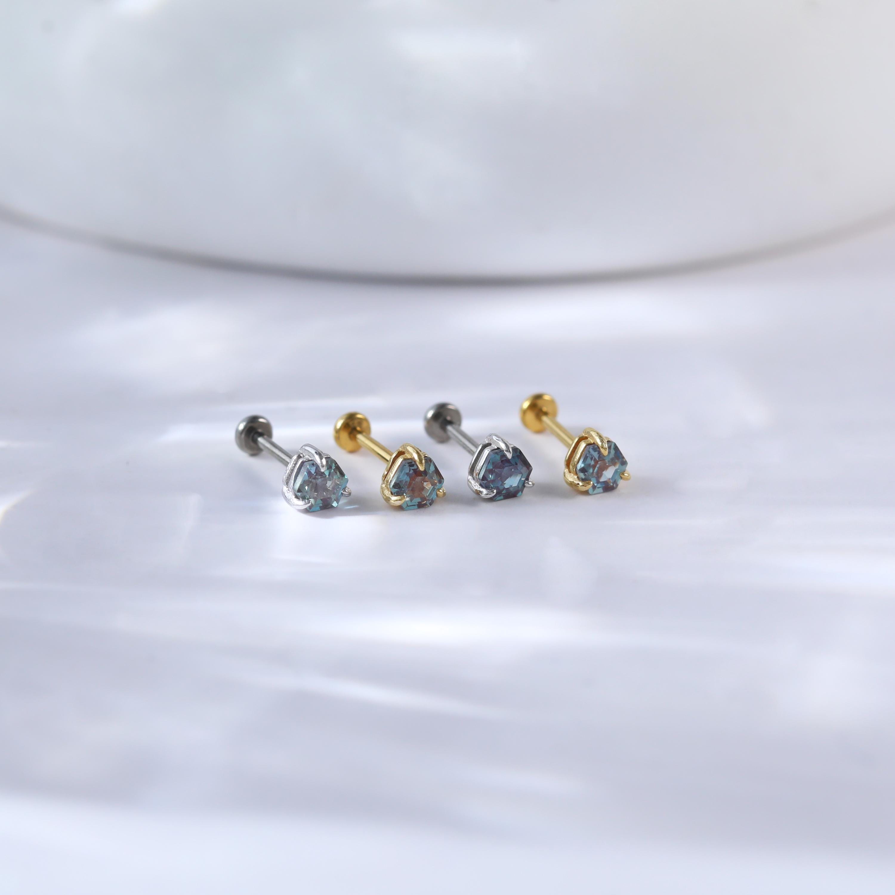 Sterling Silver Hexagon Alexandrite Helix Stud Earring • 14K Gold Three ...
