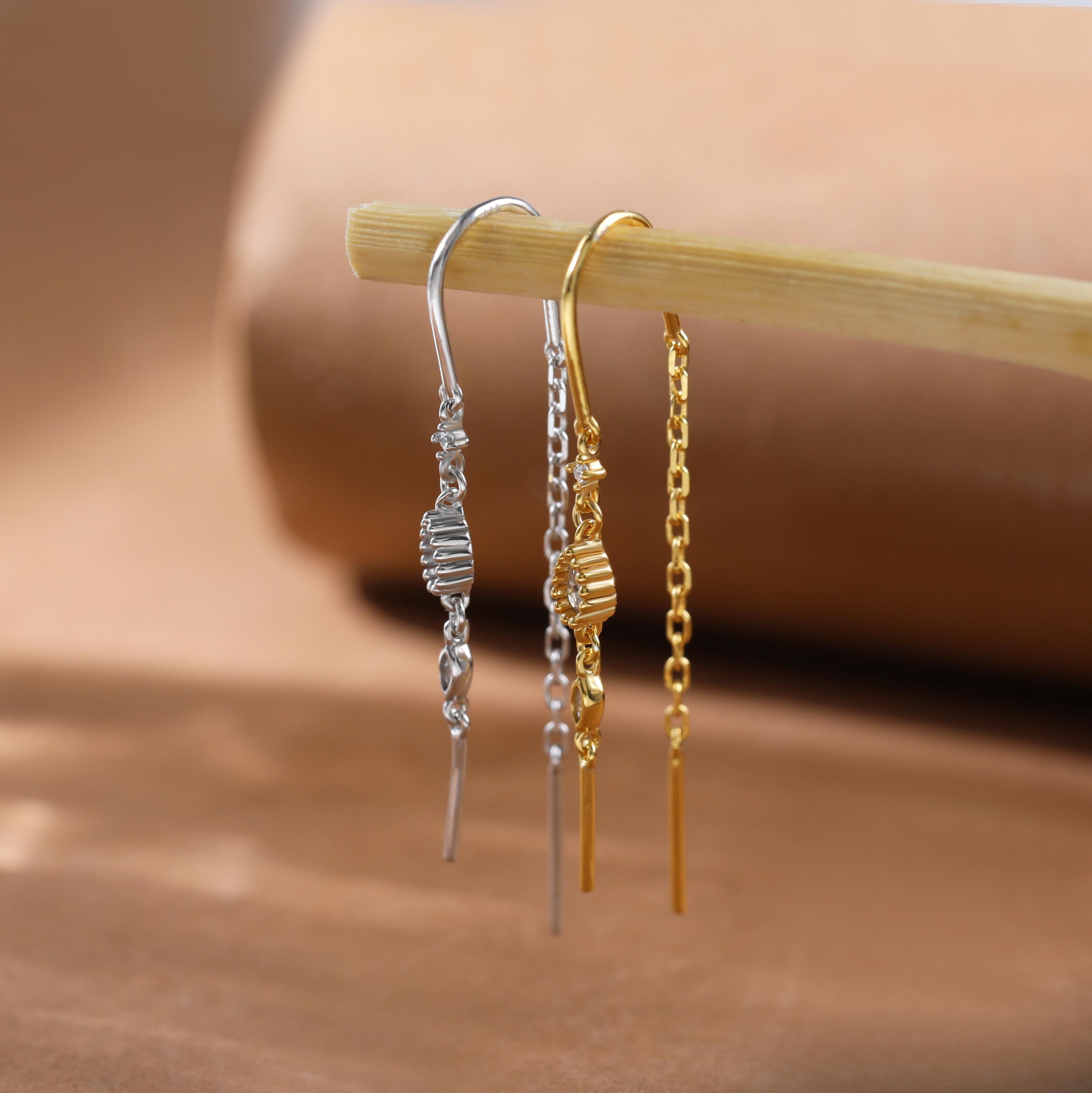 14K Gold Plated Dangle Diamond Chain Threader Earring Clear CZ Lobe ...