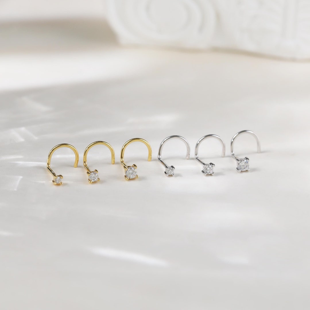 Sterling Silver Tiny Screw Nose Stud • 14K Gold Plated Moissanite S ...