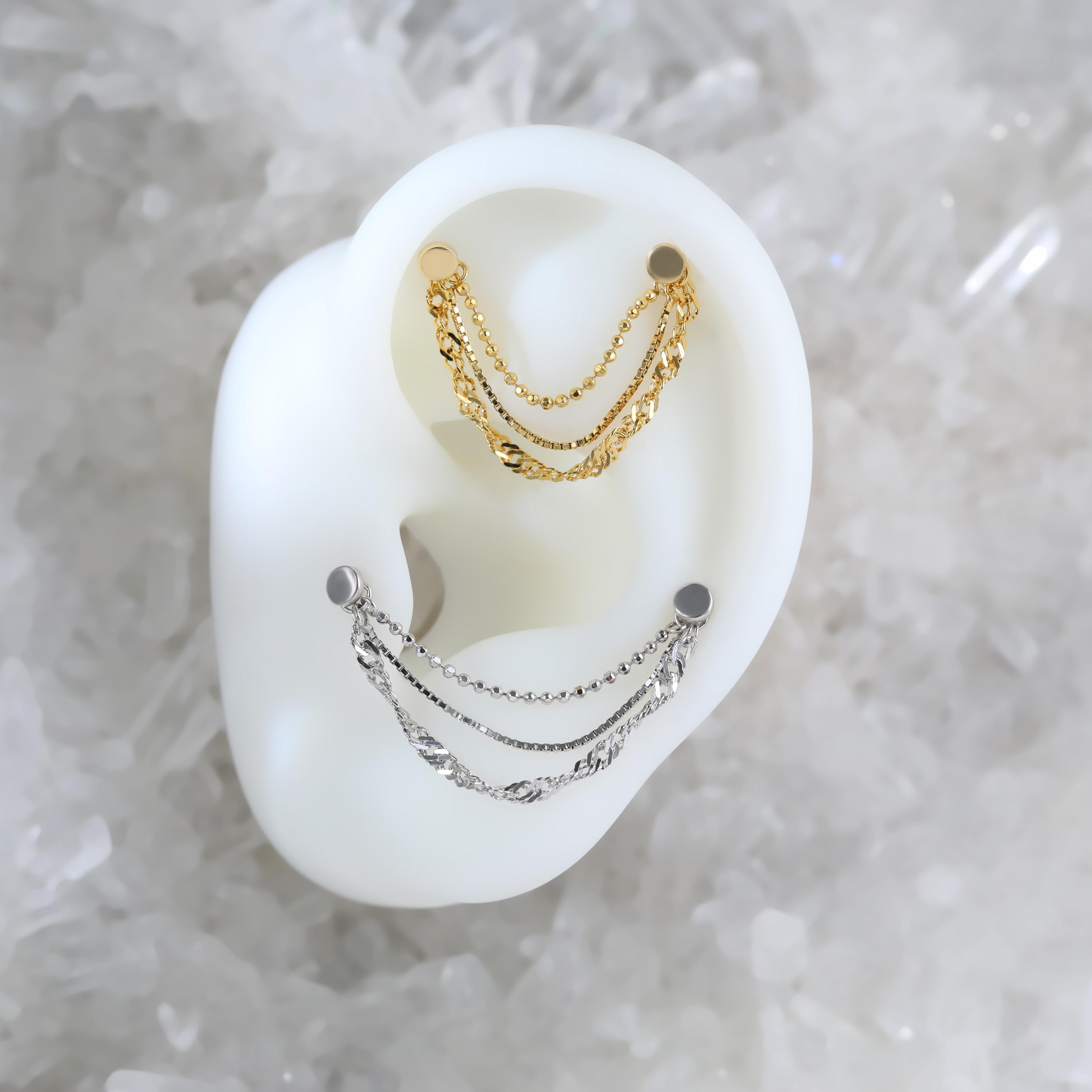 14K Gold Plated Triple Chain Piercing Cartilage Chain, 925 Silver ...