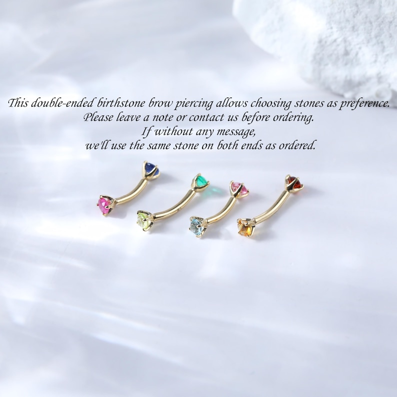 14K Solid Gold Birthstone Curved Barbell • Double Gemstone Internal ...