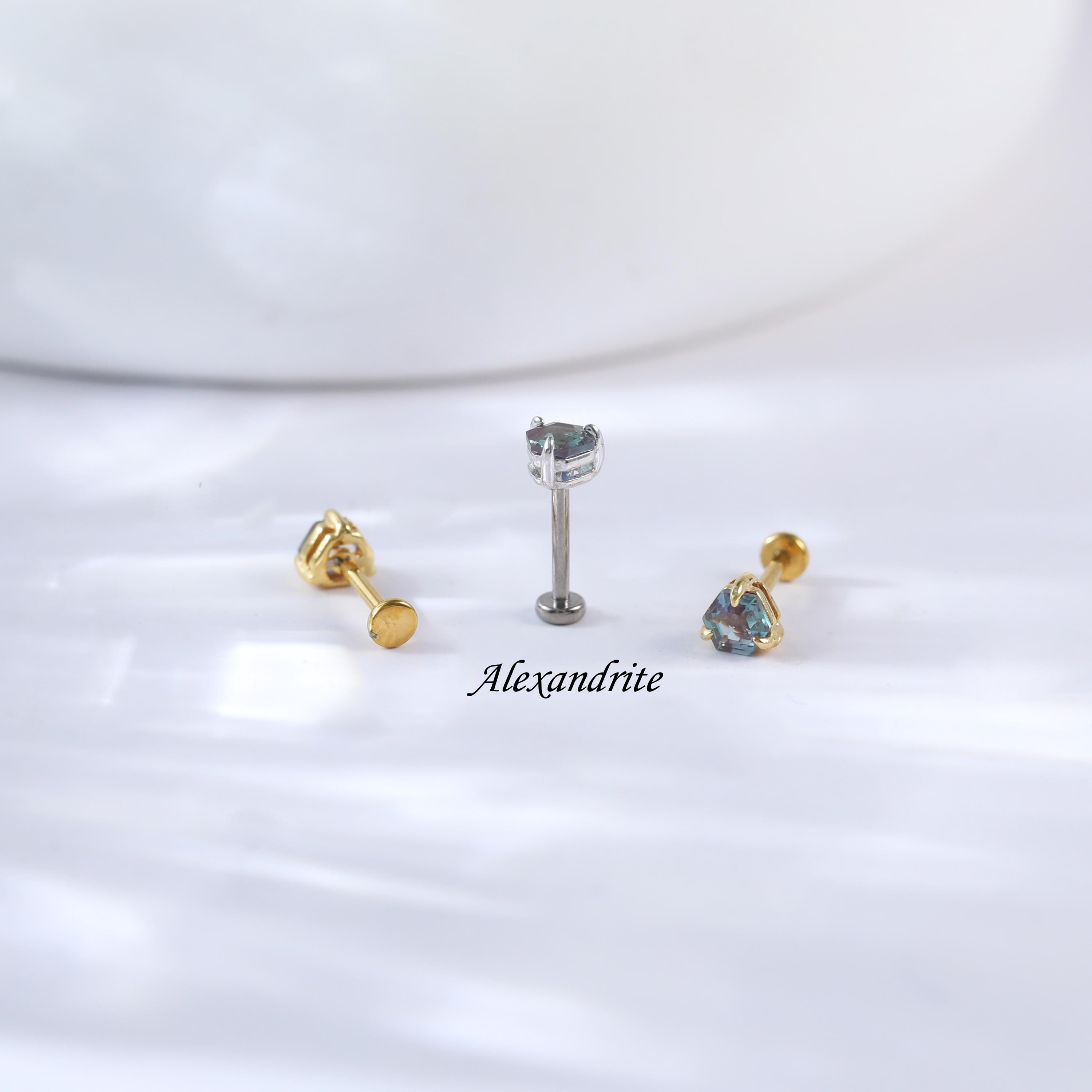 Sterling Silver Hexagon Alexandrite Helix Stud Earring • 14K Gold Three ...