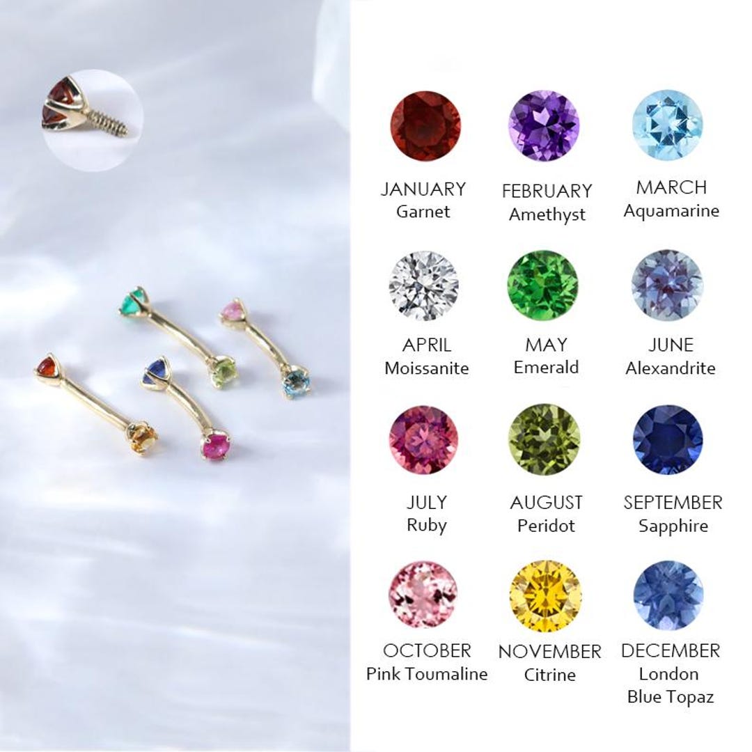 Birthstone Eyebrow Dual Internal Threaded Piercing • Solid 14K Gold ...