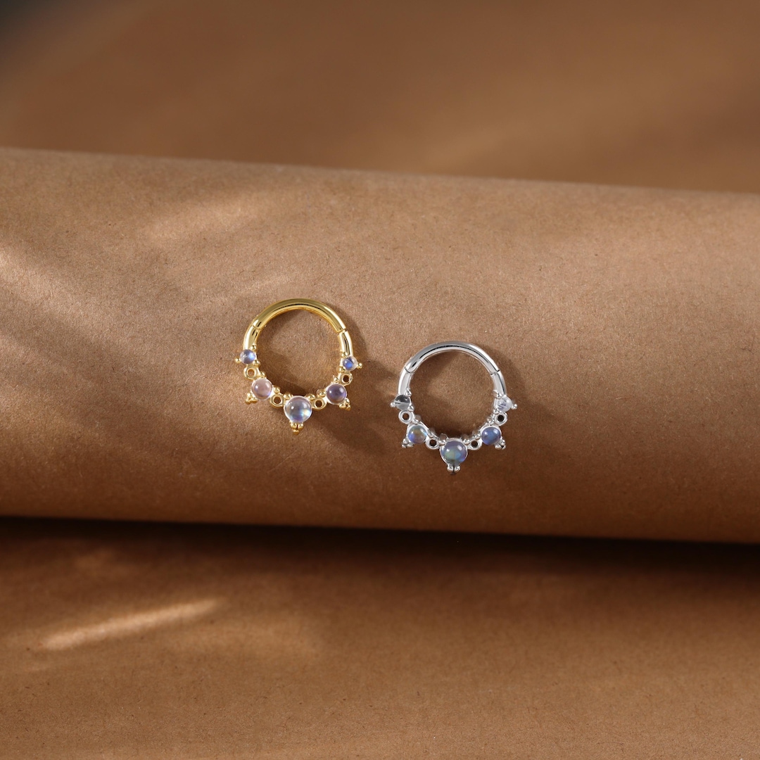 Sterling Silver Round Moonstone Nose Clicker • 925 Silver Gemstone ...